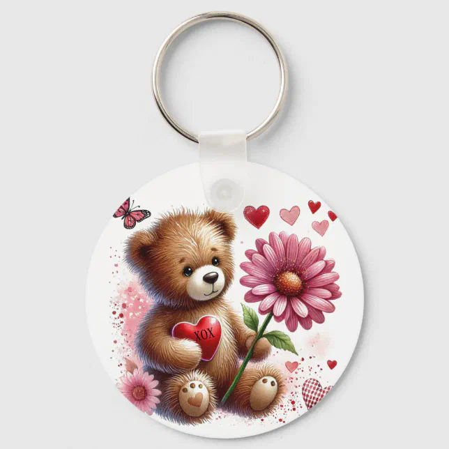 Teddy Bear With Red Valentine Heart Key Ring | Zazzle