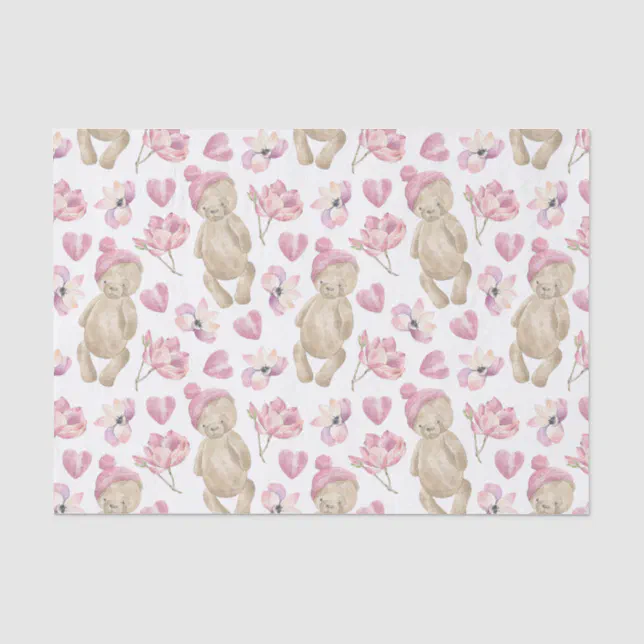 Teddy bears Watercolor Floral on White Tissue Paper | Zazzle