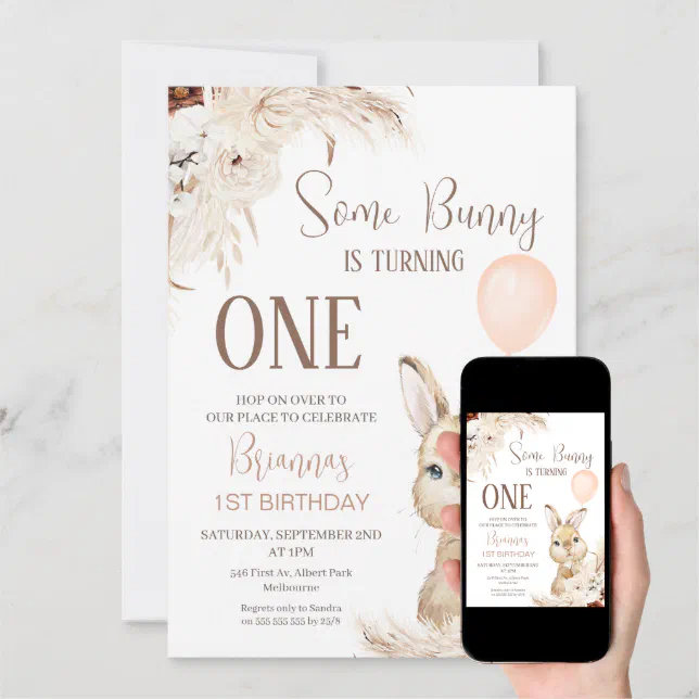Terracotta Boho Floral Bunny Balloon 1st Birthday Invitation Zazzle