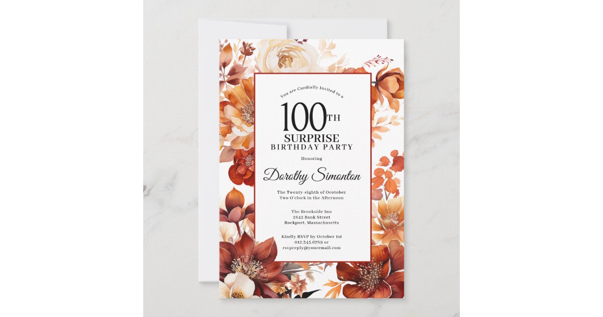 Terracotta Fall Flowers 100th Surprise Birthday Invitation | Zazzle