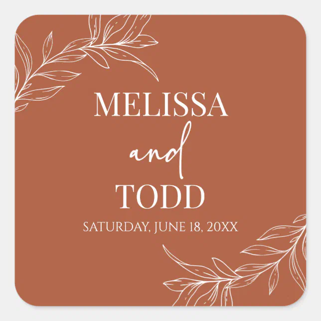 Terracotta Minimal Minimalist Branch Leaf Wedding Square Sticker | Zazzle