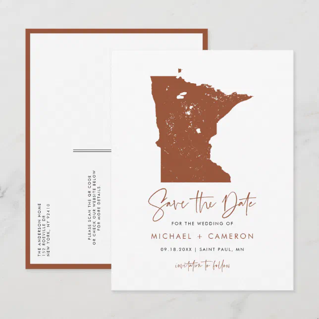 Terracotta Minnesota Map QR Code Save the Date Announcement Postcard ...