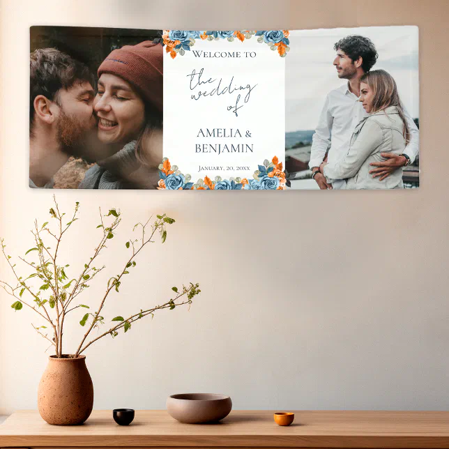 Terracotta Navy Blue Rust Photo Wedding Welcome Banner | Zazzle