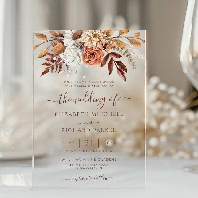 Terracotta Rust Flowers Boho Fall Foliage Wedding Acrylic Invitations ...