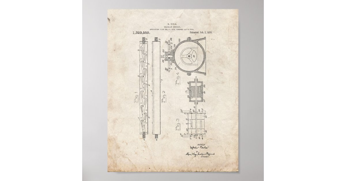 Tesla Valvular Conduit Patent - Old Look Poster | Zazzle