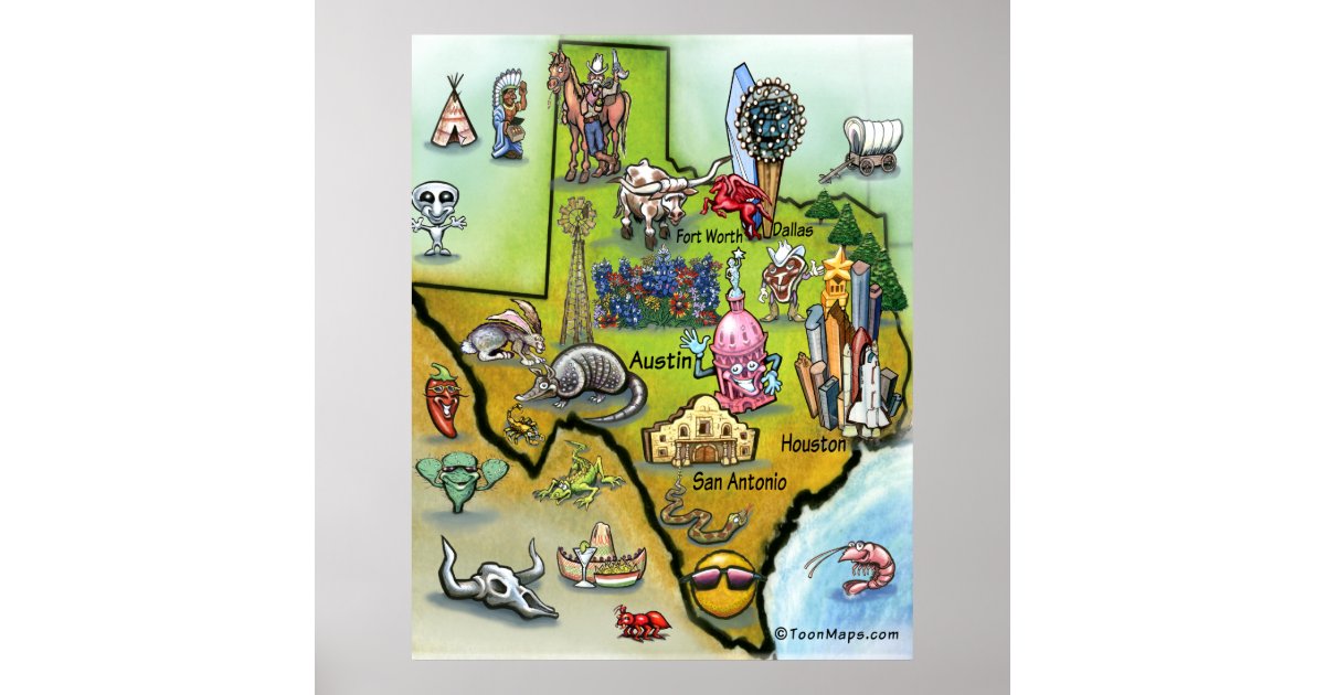 Texas Cartoon Map Poster | Zazzle