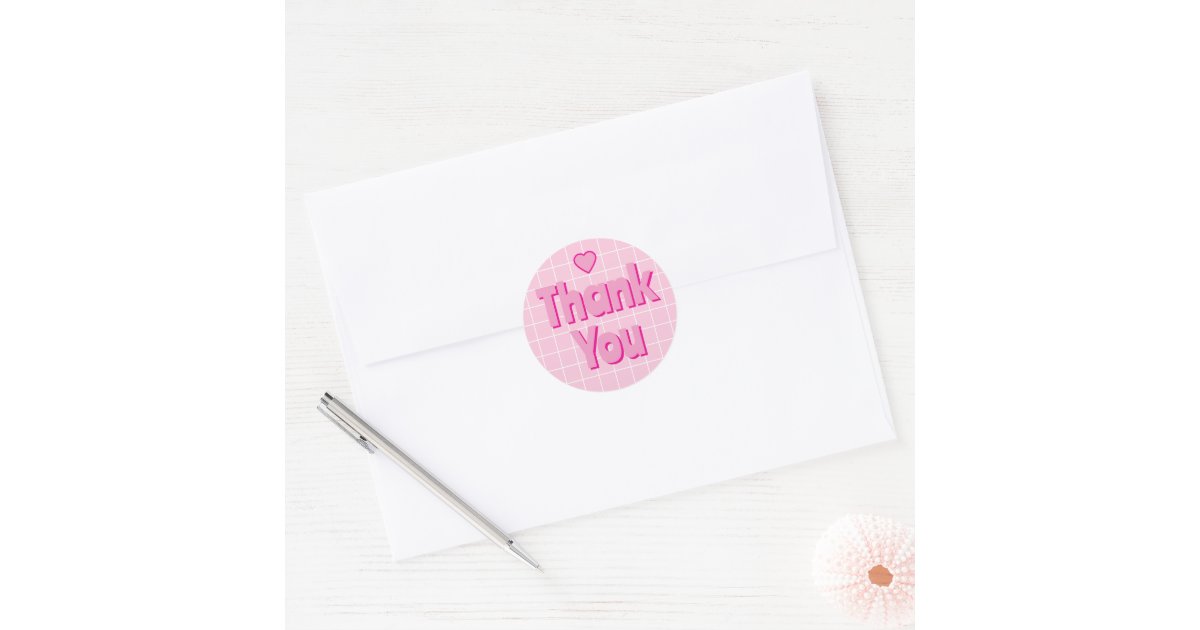 Thank You Chunky Pink With White Grid Classic Round Sticker | Zazzle