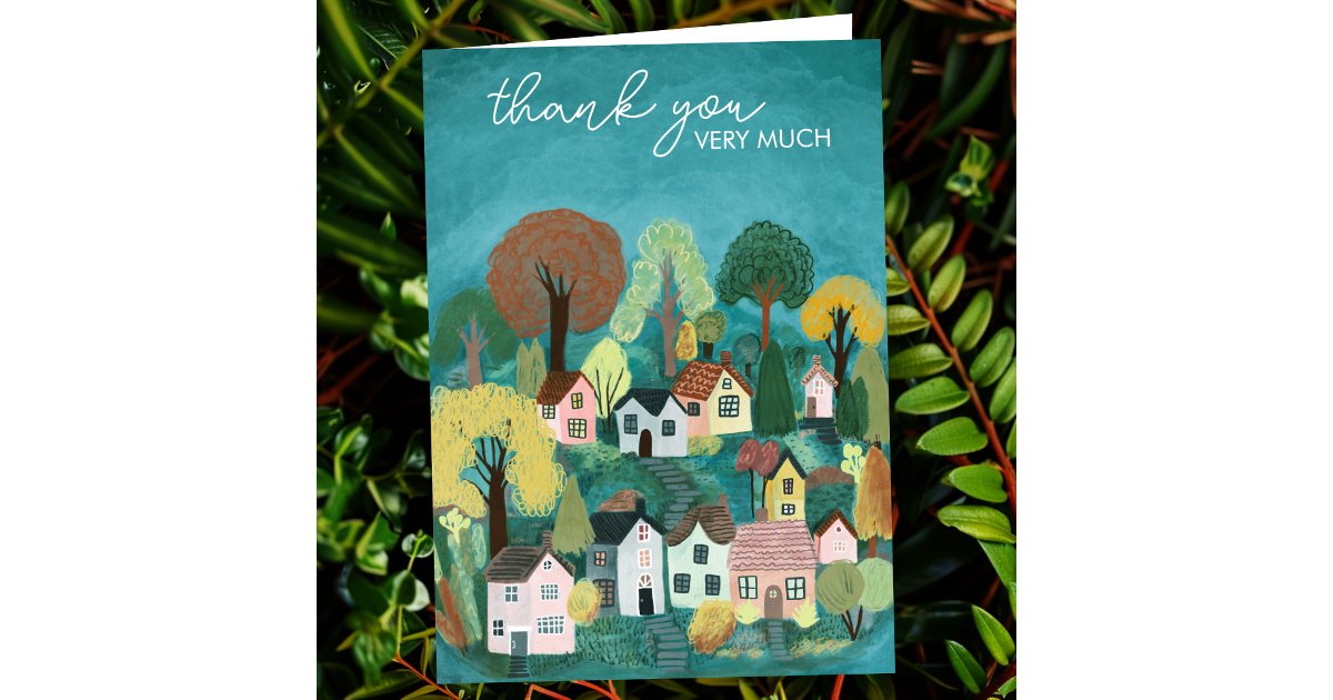 THANK YOU Cute Country Village Illustration Card | Zazzle