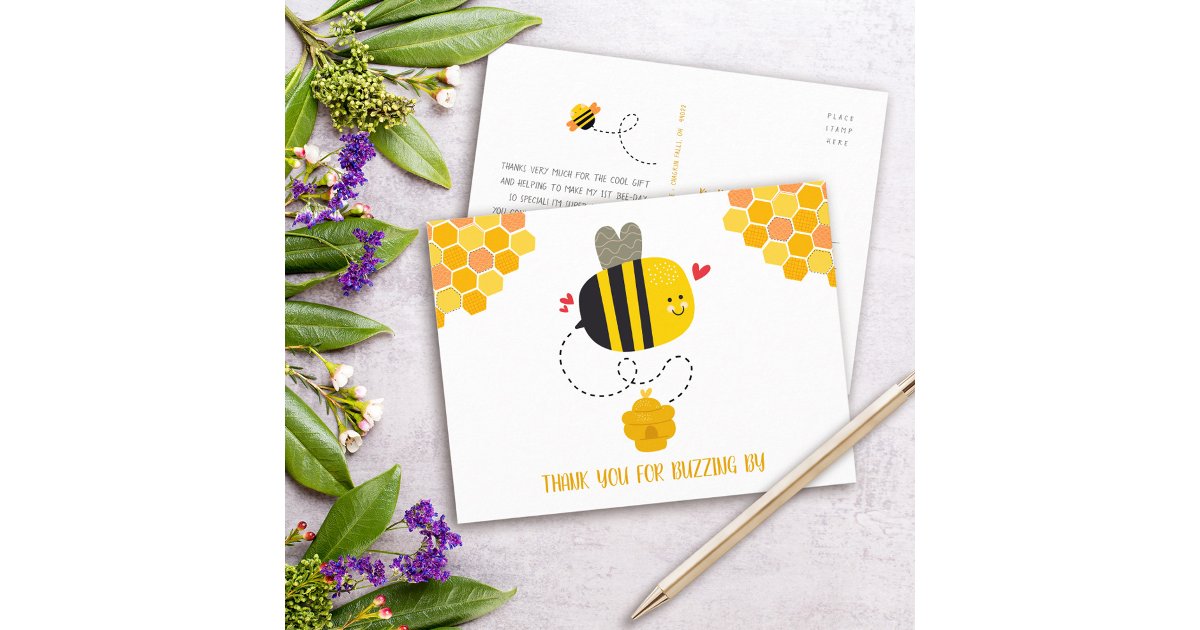Thank You for Buzzing By Cute Sweet Bee Birthday Postcard | Zazzle