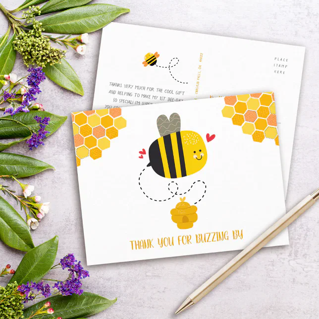 Thank You for Buzzing By Cute Sweet Bee Birthday Postcard | Zazzle