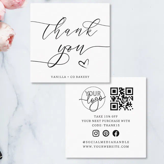 Thank You Script Heart Bakery Company Logo QR Code Square Business Card ...