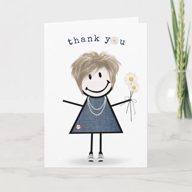 Thank You Stick Figure Girl with Daisies Card | Zazzle