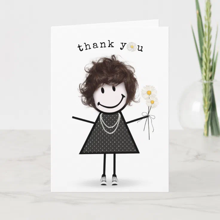 Thank You Stick Figure Girl with Daisies Card | Zazzle