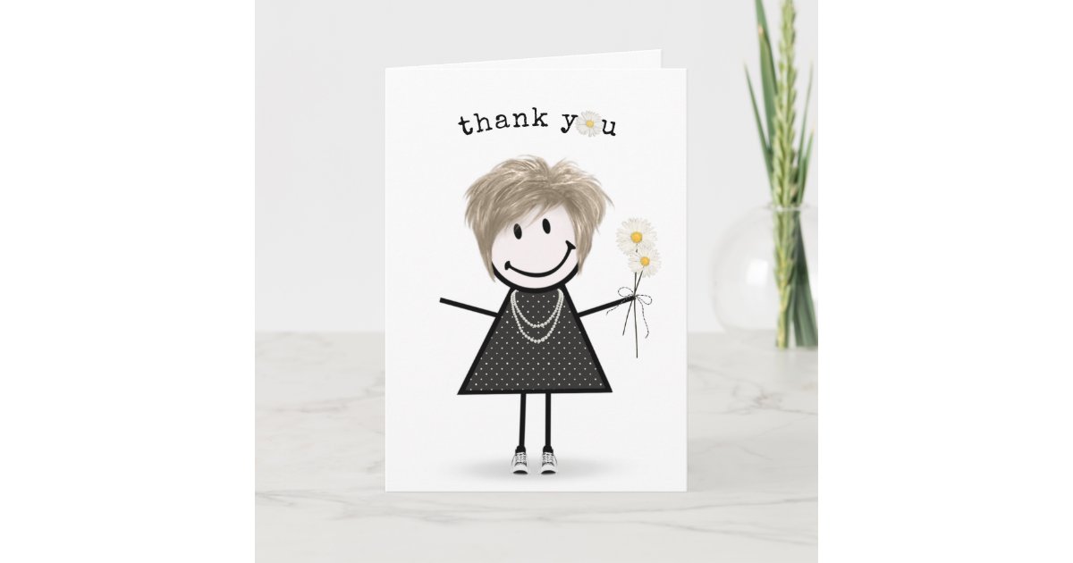Thank You Stick Figure Girl with Daisies Card | Zazzle