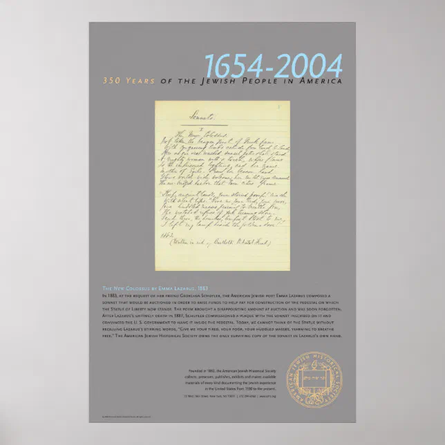 The New Colossus by Emma Lazarus, 1883 Poster | Zazzle