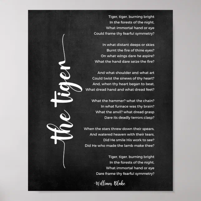 The Tiger Poem by William Blake Black and White Poster | Zazzle