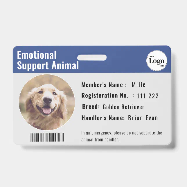 Therapy Animal ID Photo Barcode Deep Blue Badge | Zazzle