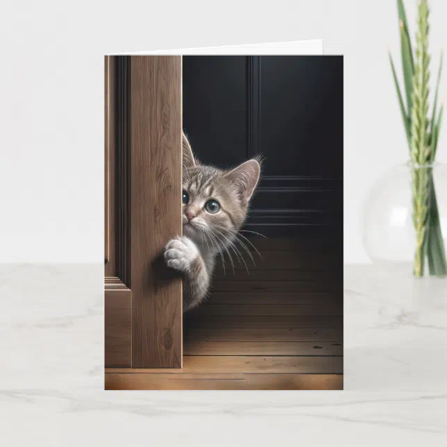 Thinking of You Kitten Peeking Around a Door Card | Zazzle