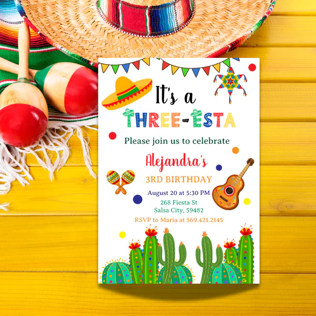 Three-esta Mexican Fiesta 3rd birthday party Invitation | Zazzle