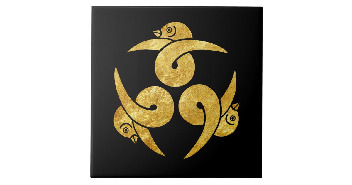 Three Geese Japanese Kamon Faux gold on black Tile | Zazzle