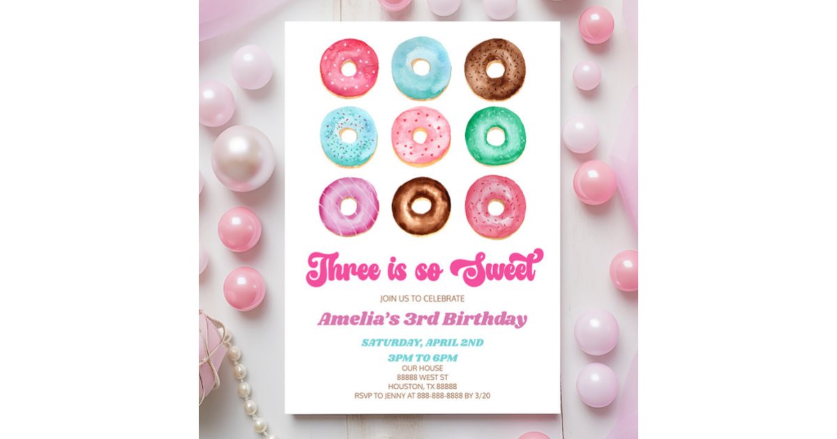 Three Is So Sweet Doughnut 3rd Birthday Party Invitation | Zazzle