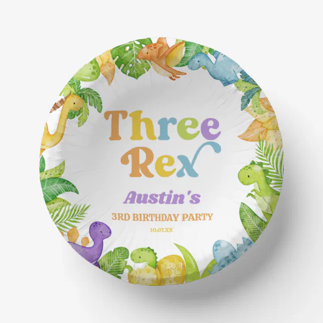 Three Rex Dinosaur 3rd Third Birthday Party Paper Plate | Zazzle