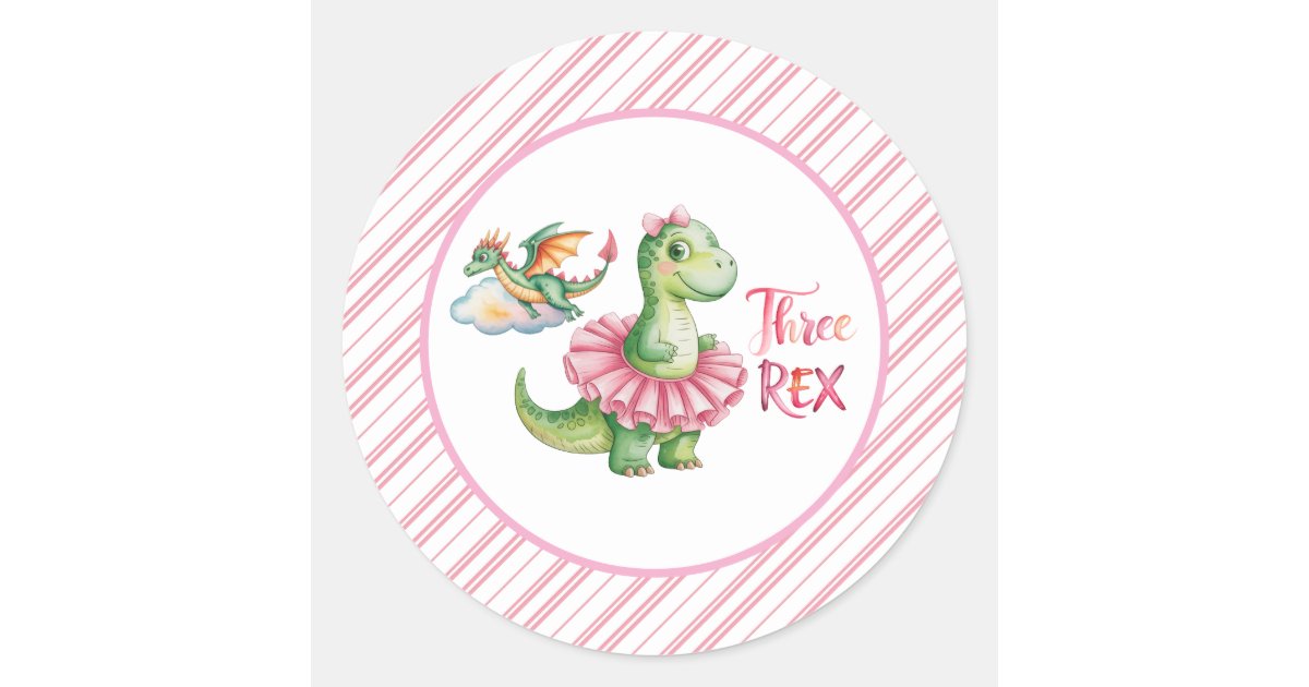 Three Rex Girl Birthday Party Classic Round Sticker | Zazzle