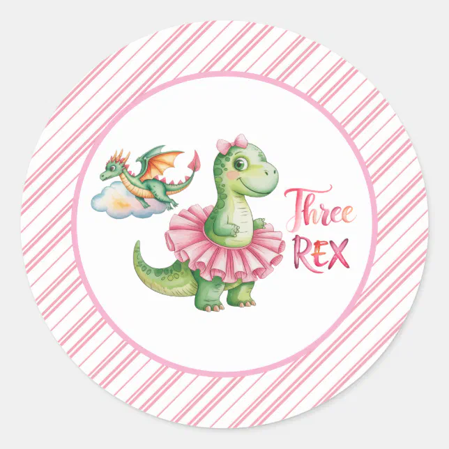 Three Rex Girl Birthday Party Classic Round Sticker | Zazzle
