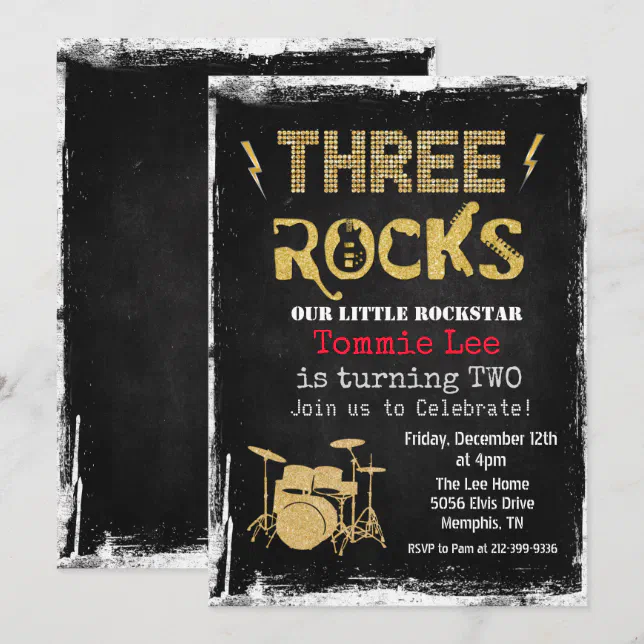 Three Rocks Rockstar Drum set 3rd Birthday Invitation | Zazzle
