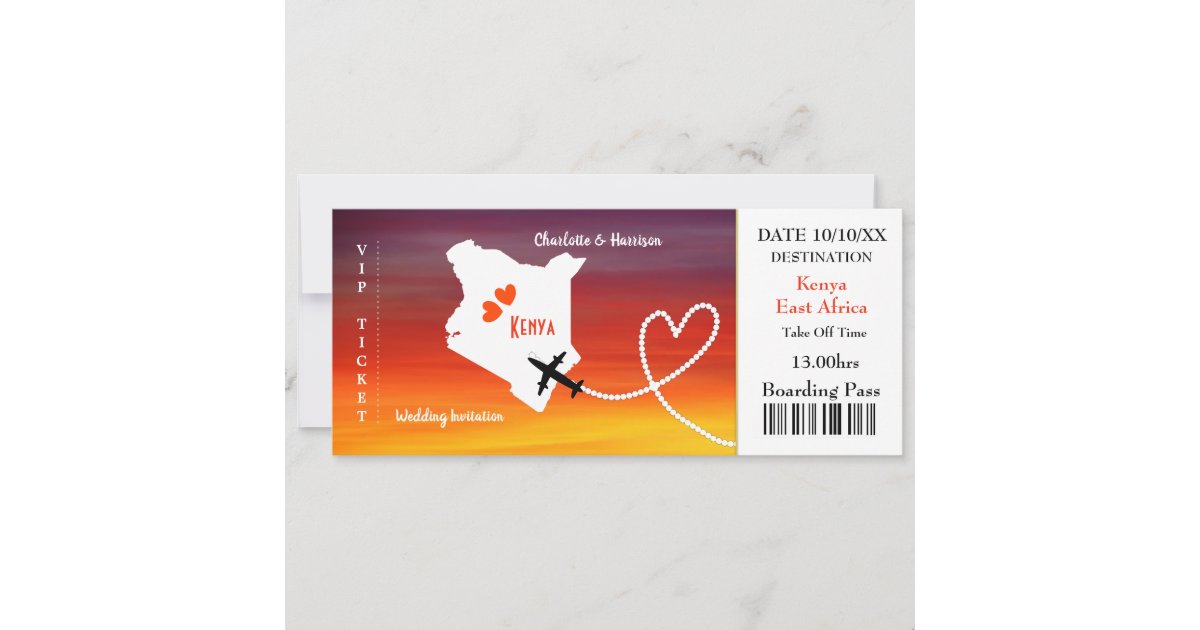 Ticket Boarding Pass Wedding Destination Kenya Invitation | Zazzle