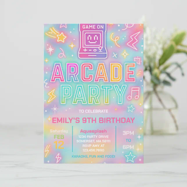Tie Dye Neon Glow Arcade Party Birthday Invitation | Zazzle