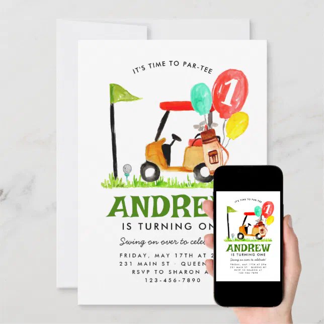 Time to Par-tee Golf Cart Balloon Golf Birthday Invitation | Zazzle