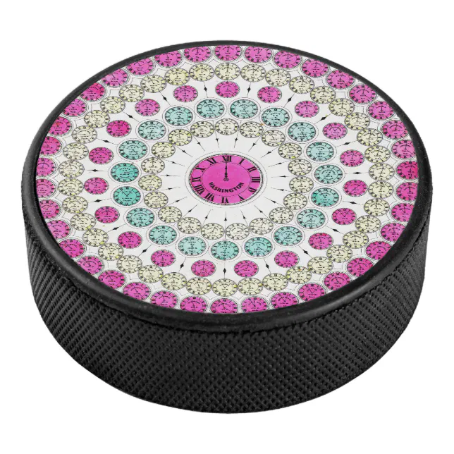 Time Zone Diagram of Mechanical Clock Dials Hockey Puck | Zazzle