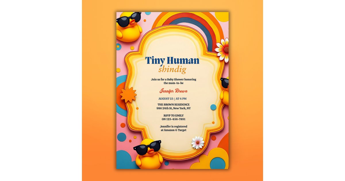 Tiny Human Shindig Retro Rubber Duck Baby Shower Invitation | Zazzle