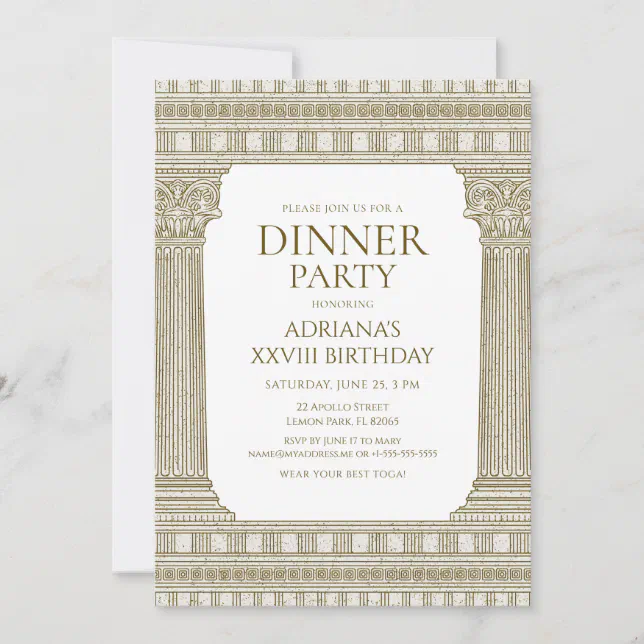 Toga Party with Elegant Brown Roman Columns Theme Invitation | Zazzle