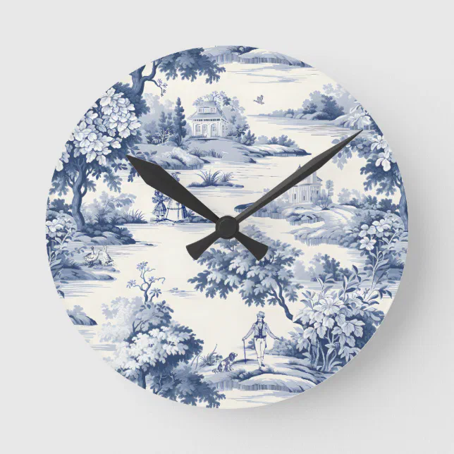 Toile de jouy,blue and white,porcelain, round clock | Zazzle