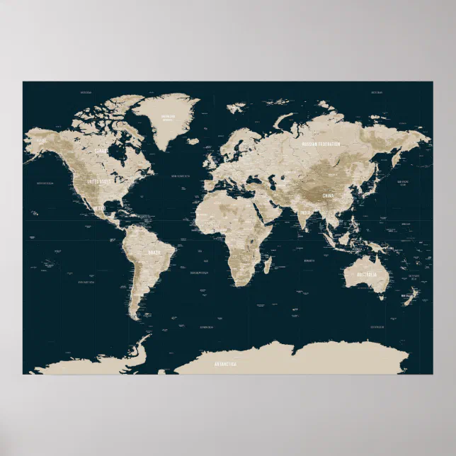 Topographic Map of the World in Tan Poster | Zazzle