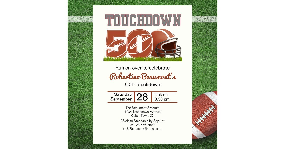 Touchdown Fifty Funny Football 50th Birthday Invitation | Zazzle