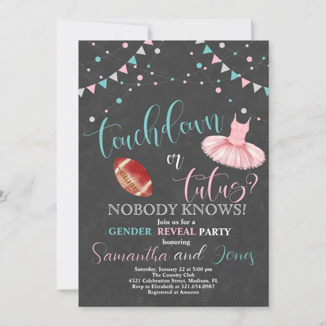 Touchdown or Tutus Gender Reveal Party Invitation | Zazzle