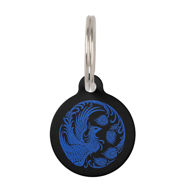 Traditional Blue Phoenix Circle on Black Pet Tag | Zazzle