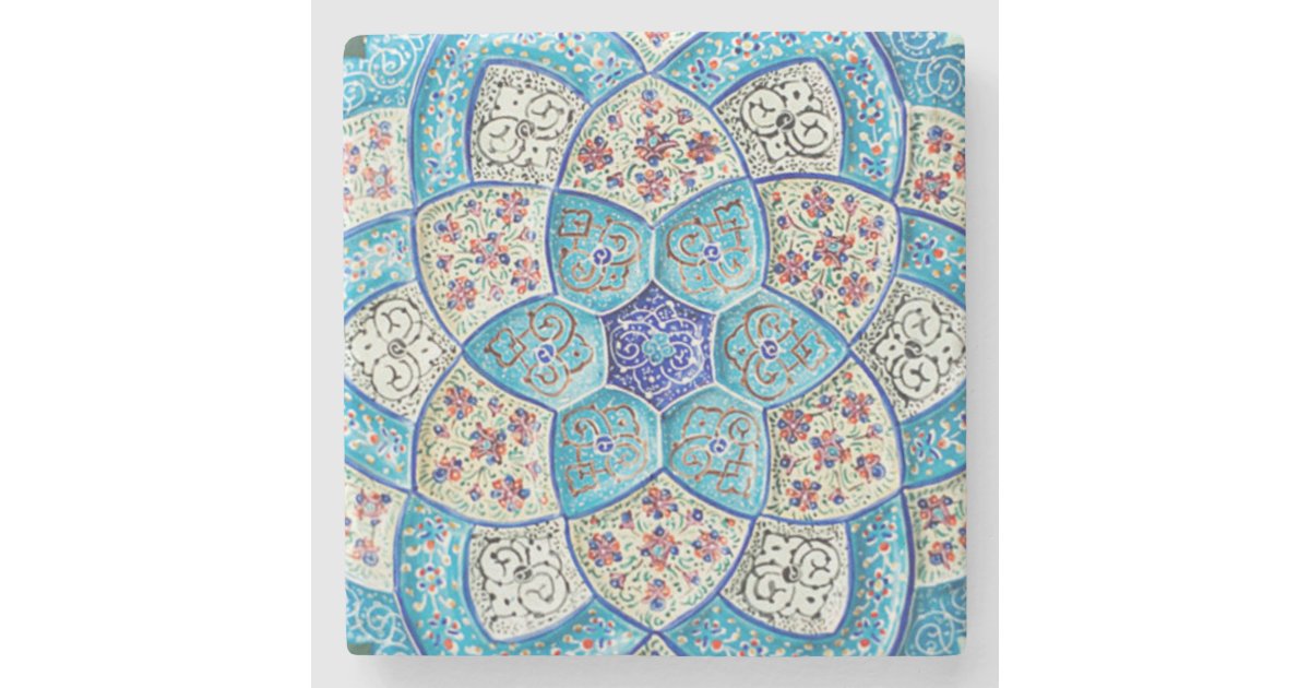 Traditional Moroccan turquoise Blue, white, salmon Stone Coaster | Zazzle
