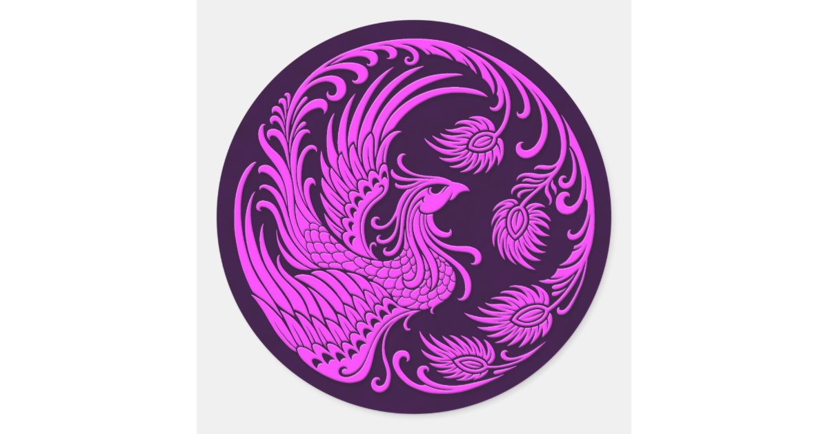 Traditional Pink and Purple Phoenix Circle Classic Round Sticker | Zazzle