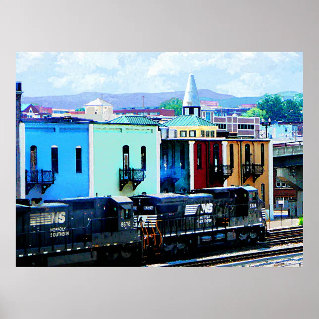 Train Being Pulled by two Locomotives Roanoke VA Poster | Zazzle