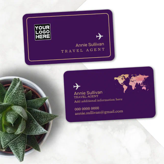 Travel Agent Aeroplane World Map Purple Business Card | Zazzle