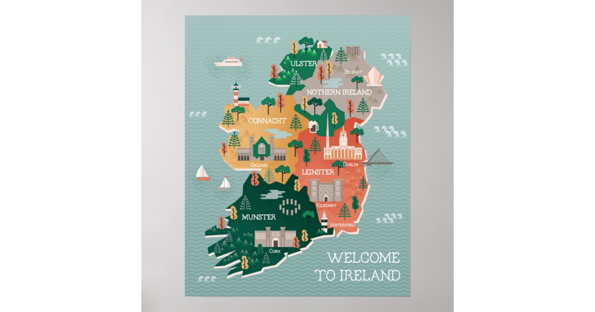 Travel Map of Ireland | Landmarks & Cities Poster | Zazzle