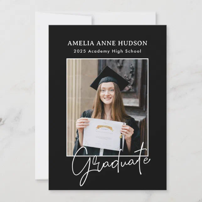 Trendy Bow Ribbon Black & White Photo Graduation Invitation | Zazzle