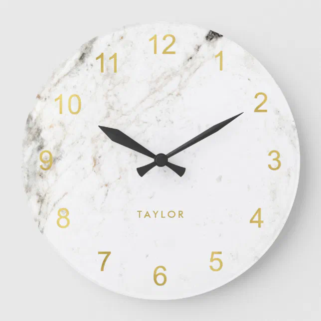 Trendy Glam Faux Gold Look and White Marble Large Clock | Zazzle