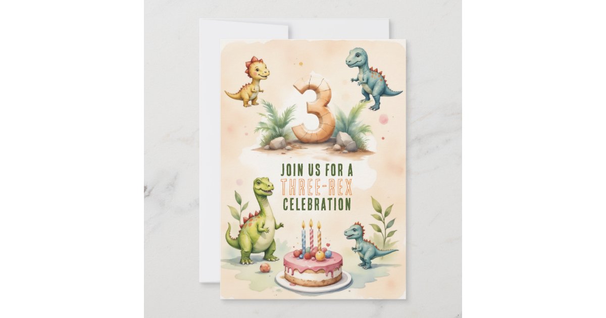 Trendy Watercolor Three-Rex Third 3d Birthday Invitation | Zazzle