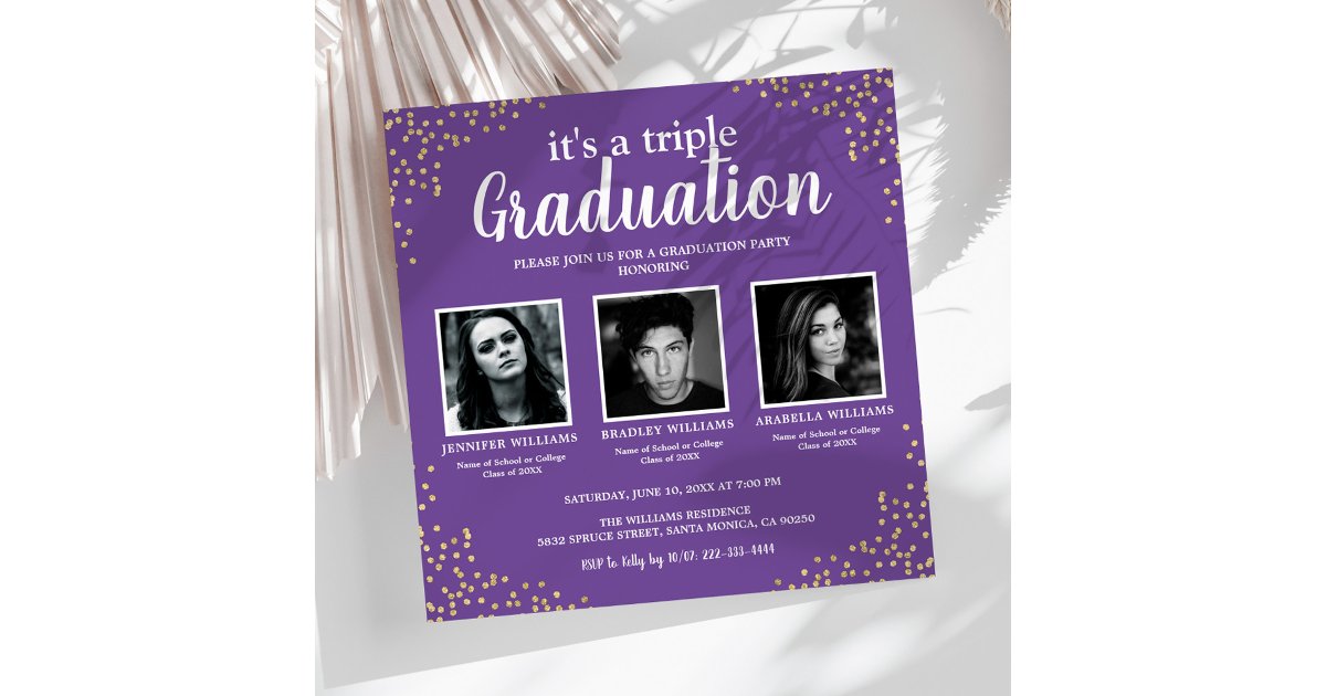 Triple Graduation Three Photo Purple Party Invitation | Zazzle