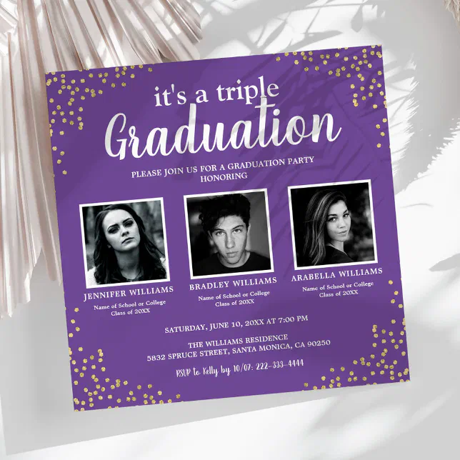Triple Graduation Three Photo Purple Party Invitation | Zazzle